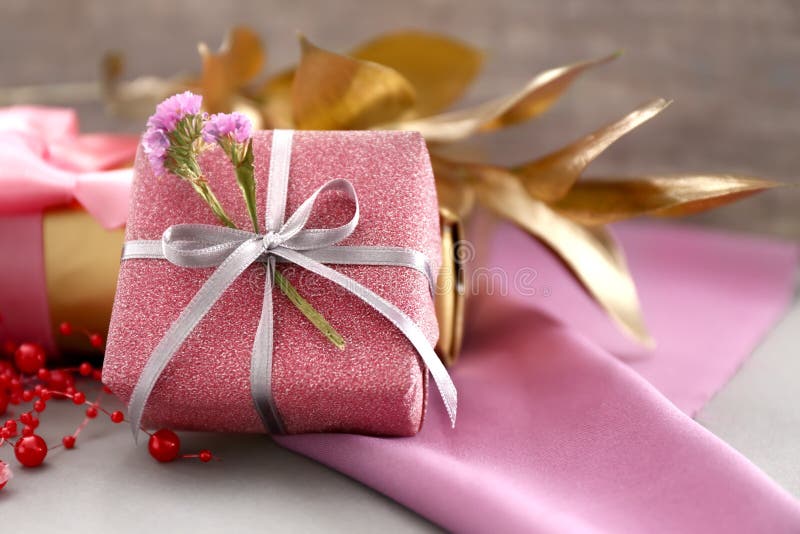 Beautiful Gift Boxes on Grey Table Stock Photo - Image of packed, paper ...