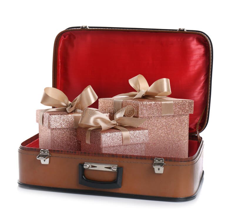 Beautiful Gift Boxes in Retro Suitcase on White Background Stock Image ...