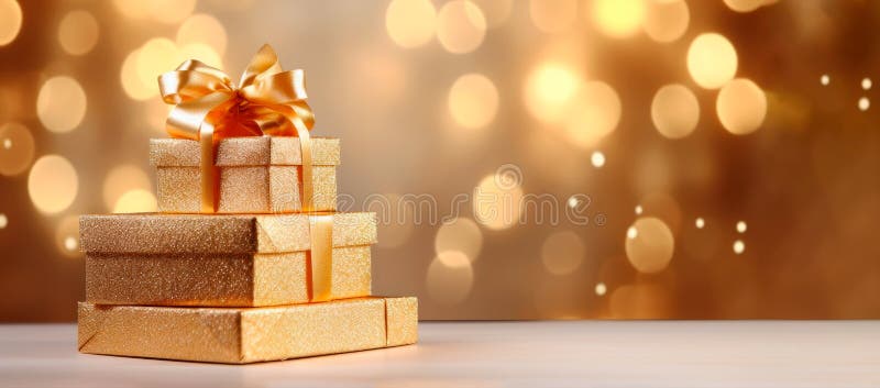 Beautiful Gift Golden Boxes on Bokeh Background, Banner. Copy Space for ...