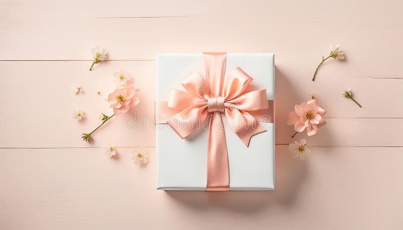 Beautiful Gift with Large Silk Bow and Small Flowers with Copy Space ...