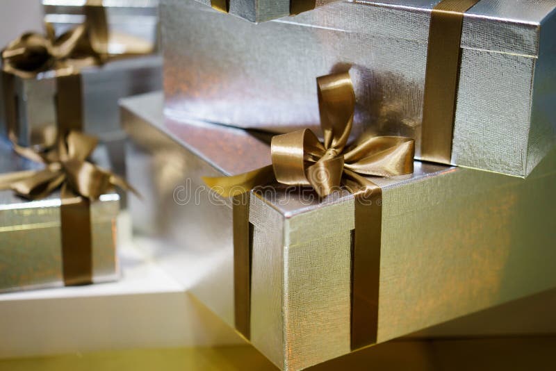 Beautiful Gifts in Silver Boxes. Close-up Stock Image - Image of glass ...