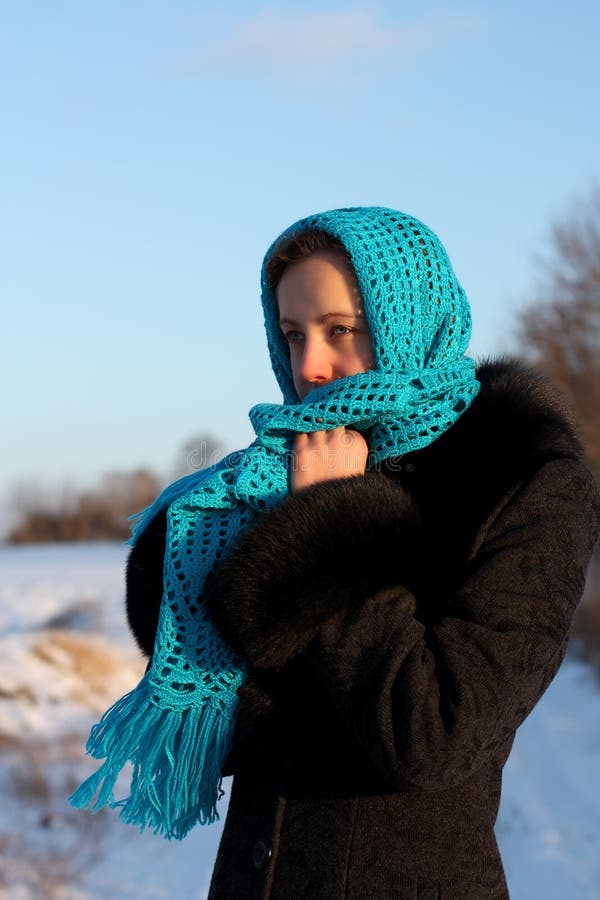 Beautiful Girl in a Blue Scarf Cold and Lonely Stock Image - Image of ...