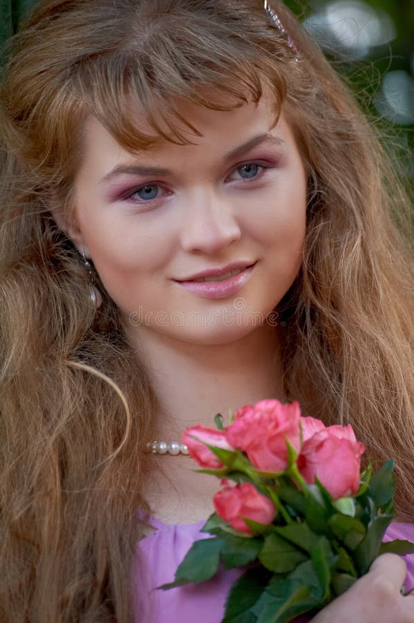 Beautiful Girl with a Bouquet of Roses Stock Photo - Image of outdoor ...