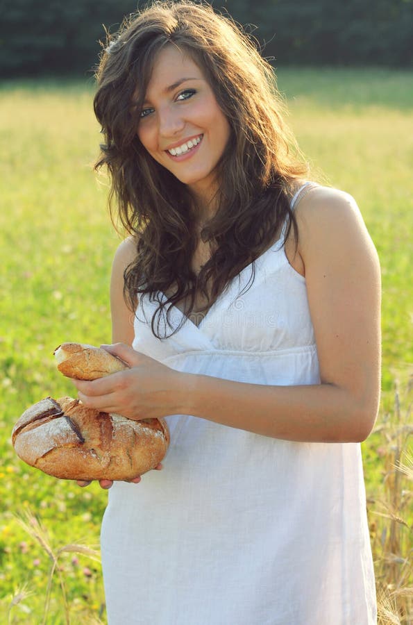 Beautiful Girl with Bread in Hands Stock Image - Image of beautiful ...
