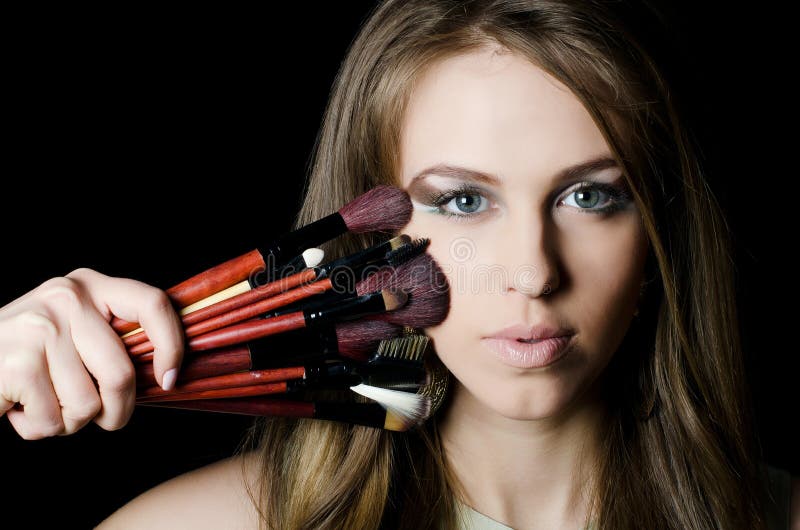 The Beautiful Girl with Brushes for a Make-up Stock Image - Image of ...