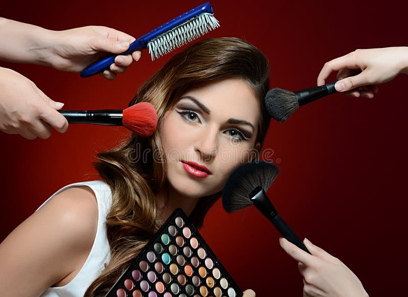 The Beautiful Girl with Brushes Make-up Stock Photo - Image of charming ...