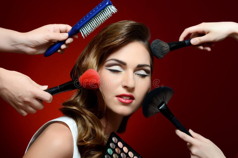 The Beautiful Girl with Brushes for Make-up Stock Image - Image of ...
