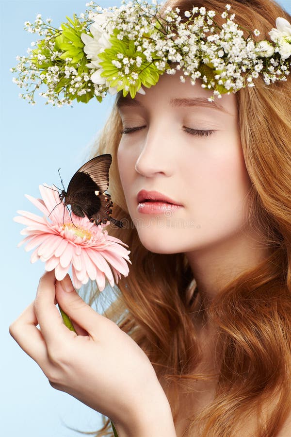 Beautiful Girl and Butterfly Stock Image - Image of haired, garland ...