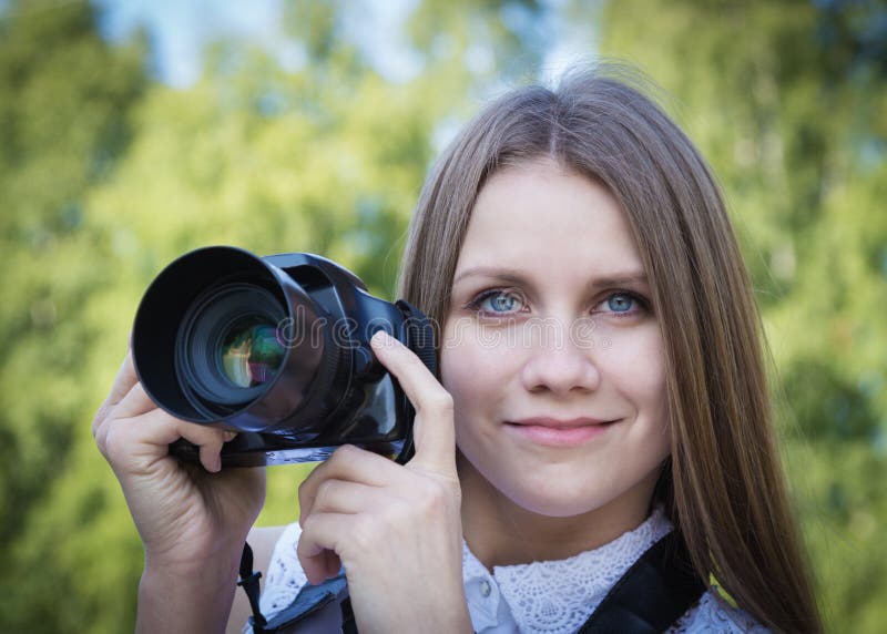 Beautiful Girl with a Camera in Hand Stock Photo - Image of female ...