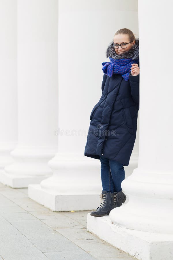 Beautiful Girl Cheerful with White Columns Outdoors Stock Photo - Image ...