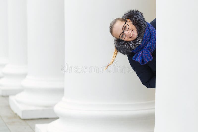 Beautiful Girl Cheerful with White Columns Outdoors Stock Photo - Image ...