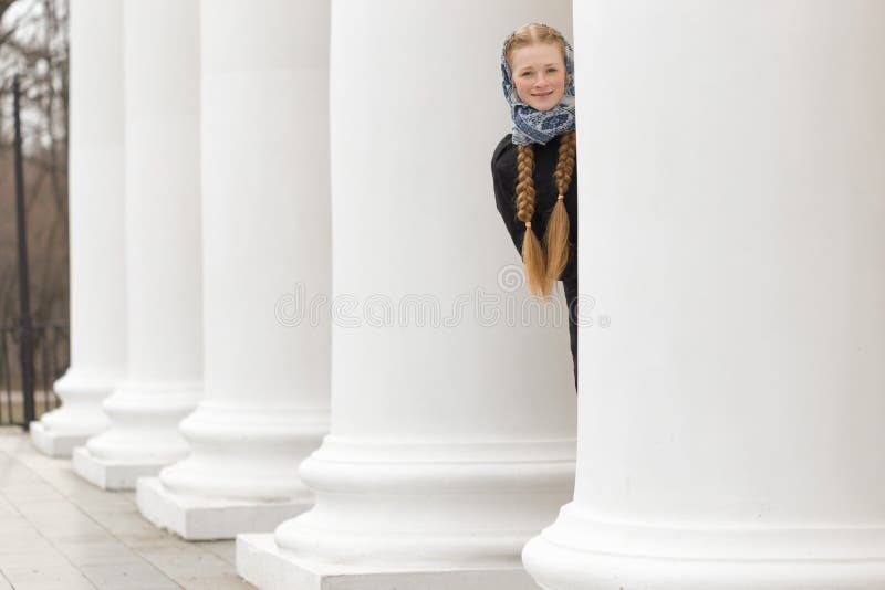 Beautiful Girl Cheerful with White Columns Outdoors Stock Image - Image ...