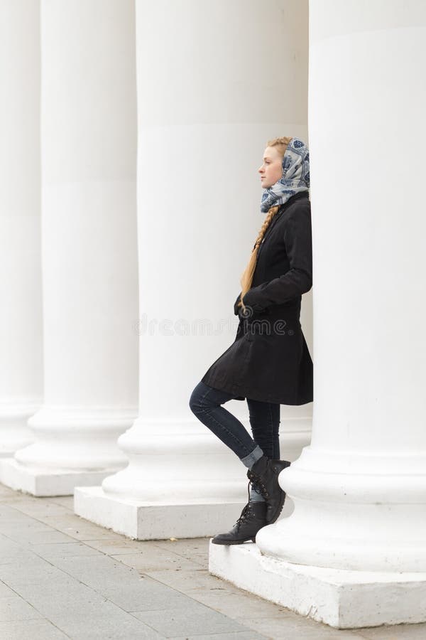 Beautiful Girl Cheerful with White Columns Outdoors Stock Image - Image ...