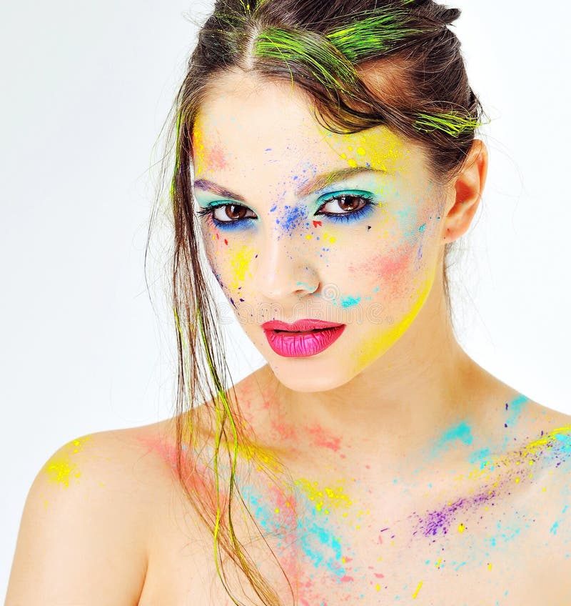 Beautiful Girl with Colorful Paint Splashes on Face Stock Image - Image ...