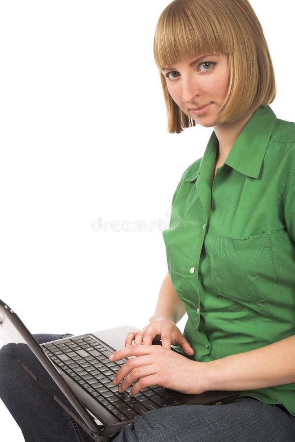 Girl with computer in cafe stock photo. Image of internet - 5206130