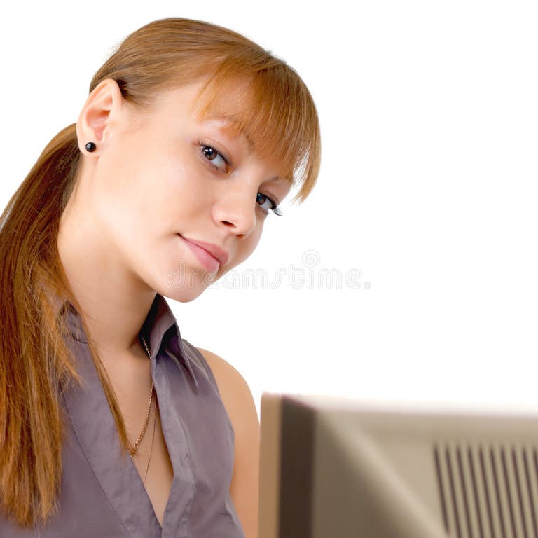 Beautiful Girl at the Computer. Stock Photo - Image of work, addiction ...