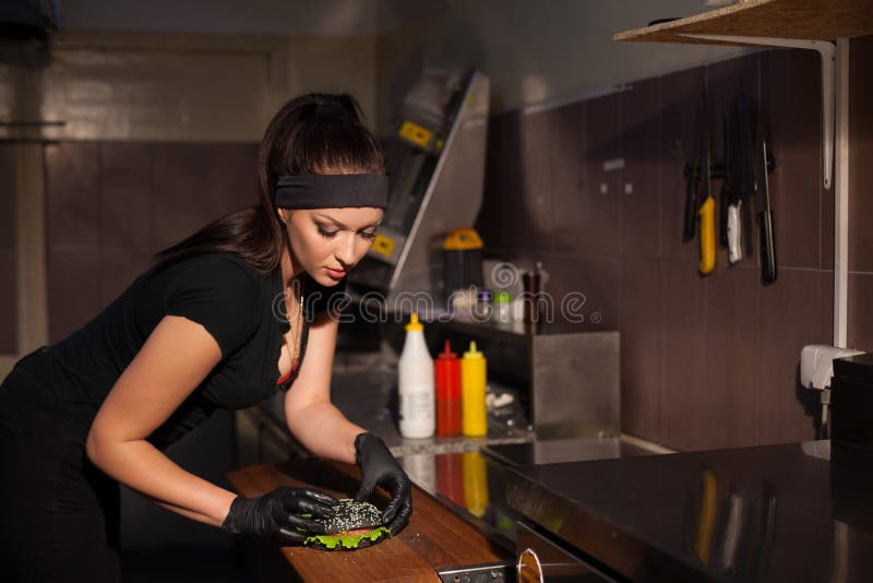 Beautiful Girl Cook Prepares the Kitchen Burger Stock Photo - Image of ...