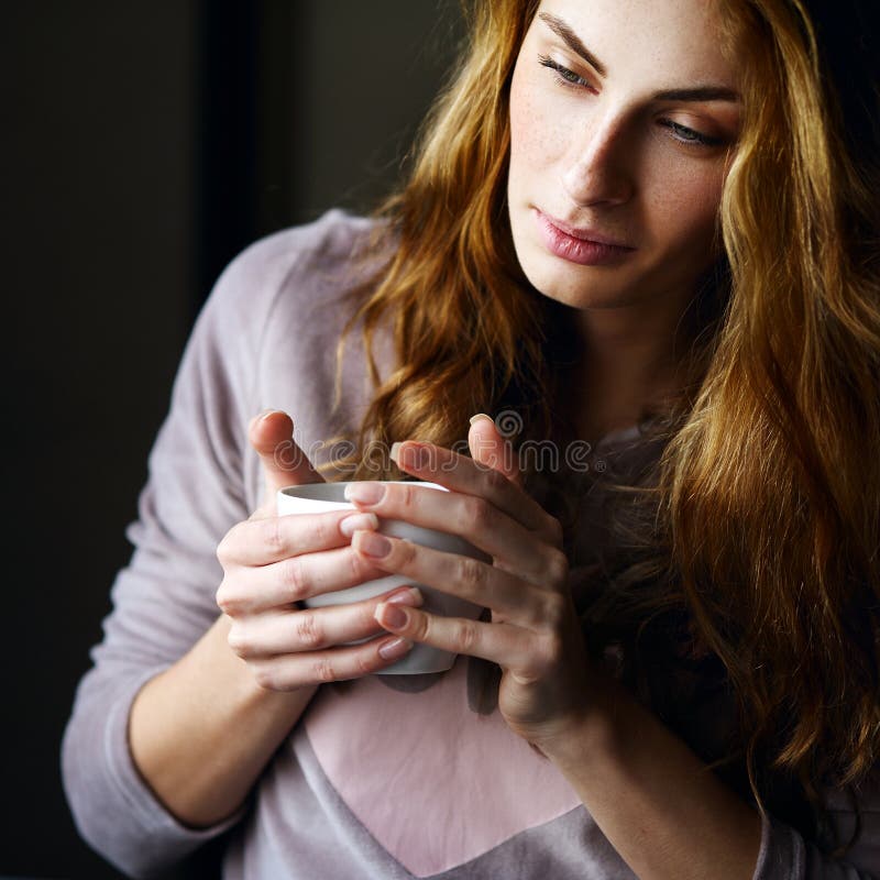 Beautiful Girl with a Cup in Her Hands Looking Window Stock Image ...