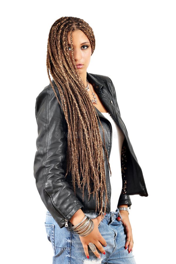 Beautiful Girl with Dreadlocks Hair and Leather Jacket Stock Image ...