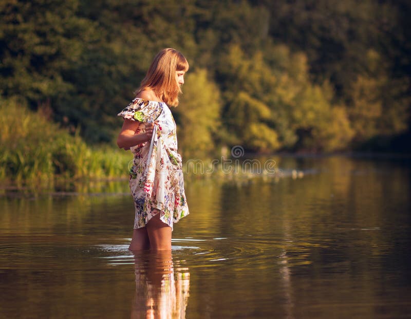 Beautiful Girl in Dress on the River Stock Image - Image of females ...