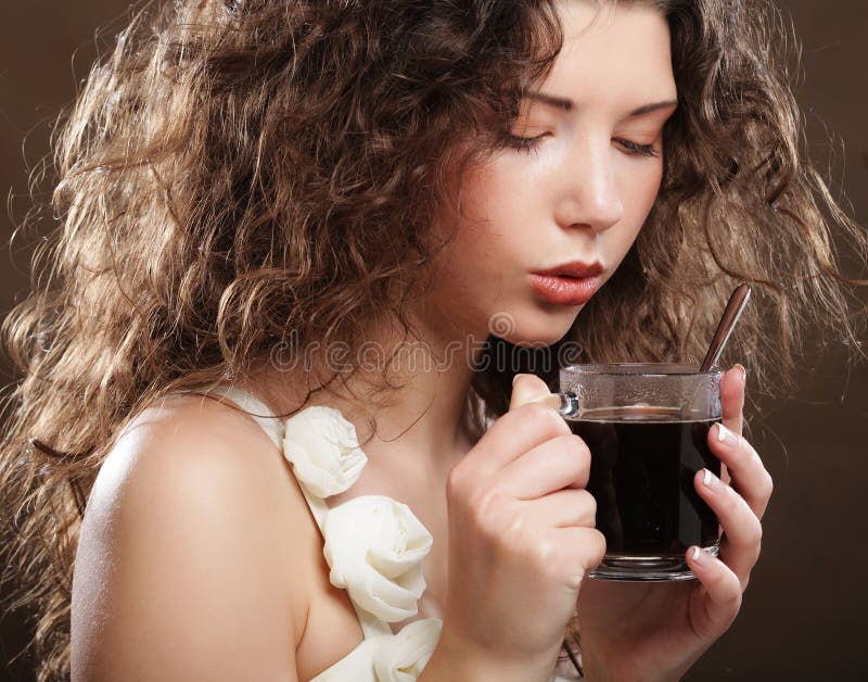 Beautiful Girl Drinking Tea or Coffee. Stock Image - Image of beauty ...