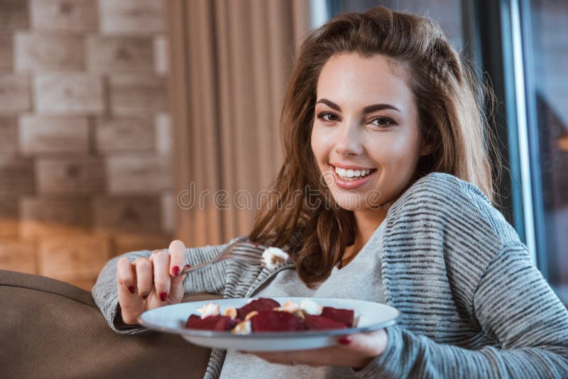 Beautiful Girl Eating Delicious Dish Stock Photo - Image of female ...