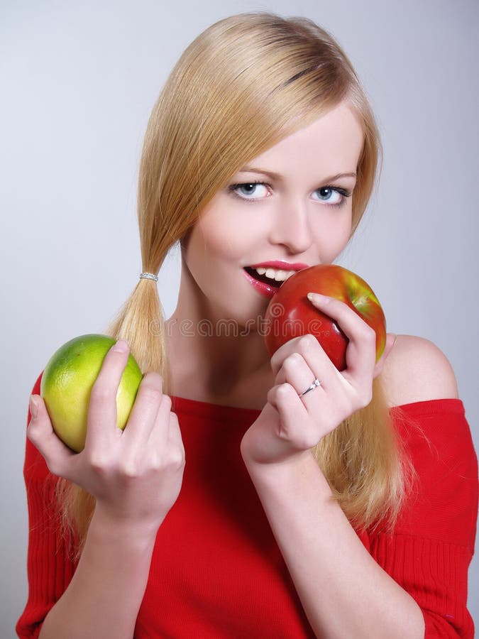 Beautiful Girl with the Eating Red Apple Stock Photo - Image of female ...