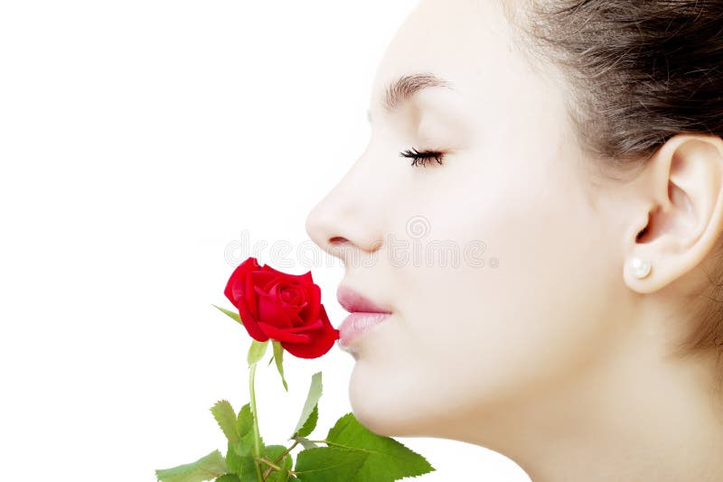 Beautiful Girl Face Close Up with a Rose in Hand Stock Image - Image of ...