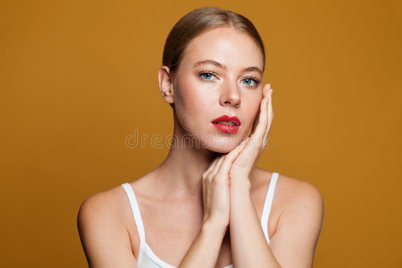 Beautiful Girl Face on Yellow Background Stock Photo - Image of white ...