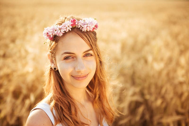 Beautiful Girl on the Field in Sun Light. Stock Photo - Image of happy ...