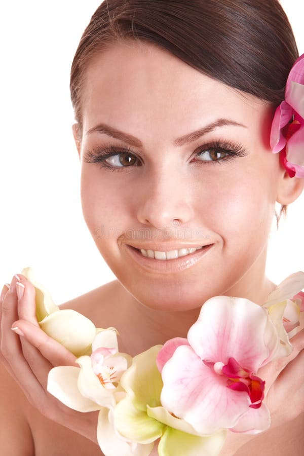 Beautiful Girl with Flower in Spa. Stock Image - Image of therapy, face ...