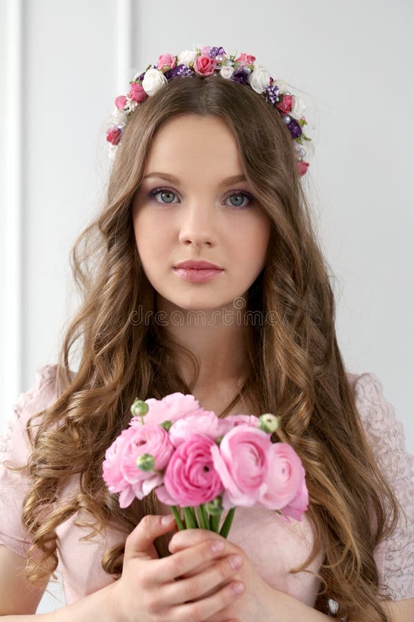 Beautiful Girl with Flowers Stock Image - Image of dress, curls: 42324283