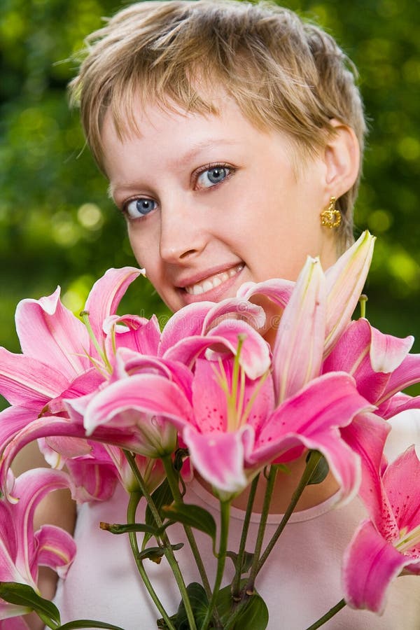 Beautiful Girl with Flowers Stock Photo - Image of enjoyment, female ...