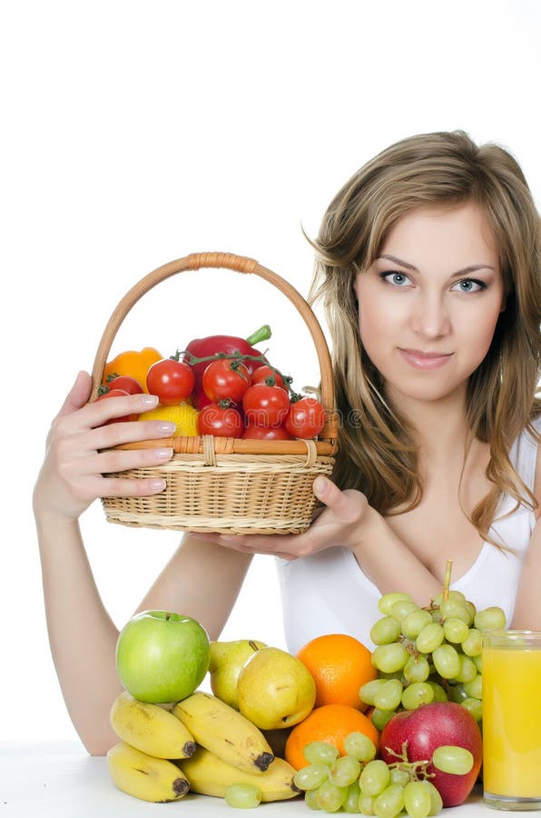 Beautiful Girl with Fruit and Vegetables Stock Image - Image of black ...
