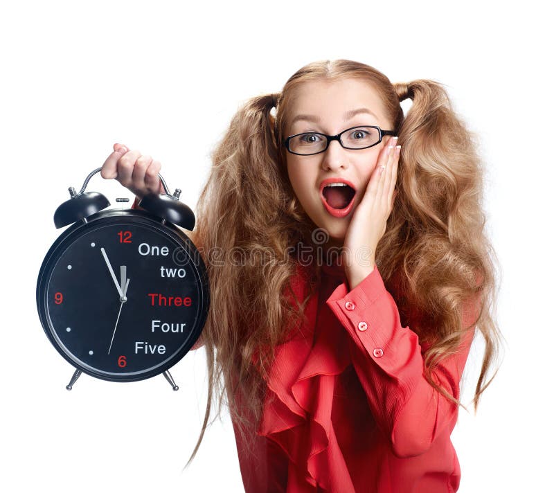 Beautiful Girl in Glasses with a Big Clock in Panic Stock Image - Image ...