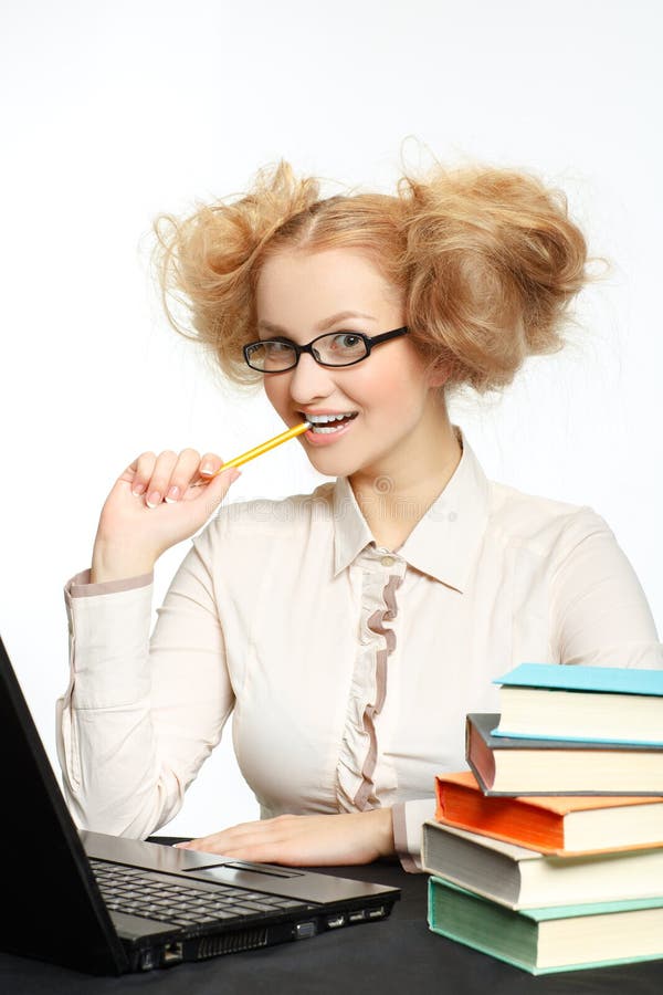 Beautiful Girl with Glasses Working on Computer Stock Image - Image of ...