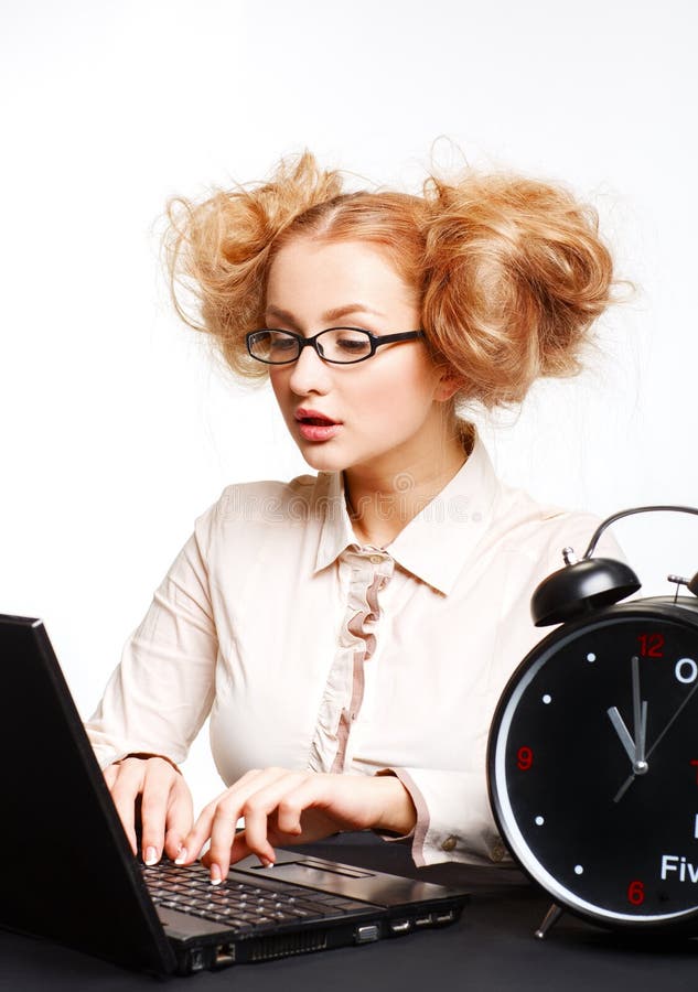 Beautiful Girl with Glasses Working on Computer Stock Photo - Image of ...