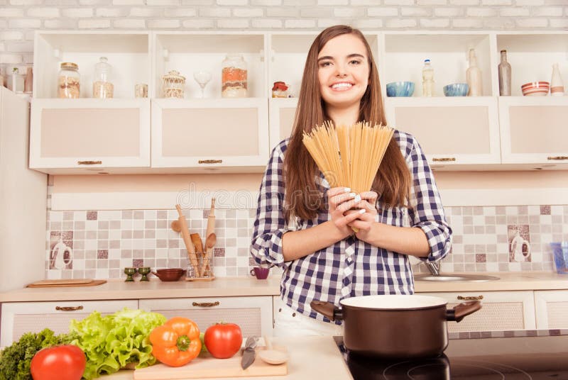 Mom and Son Cook Pasta in the Kitchen Stock Photo - Image of help ...