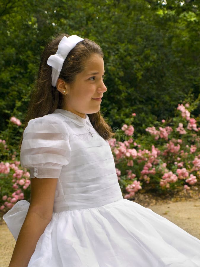 Young Girl in Church Wearing First Communion Dress Stock Image - Image ...