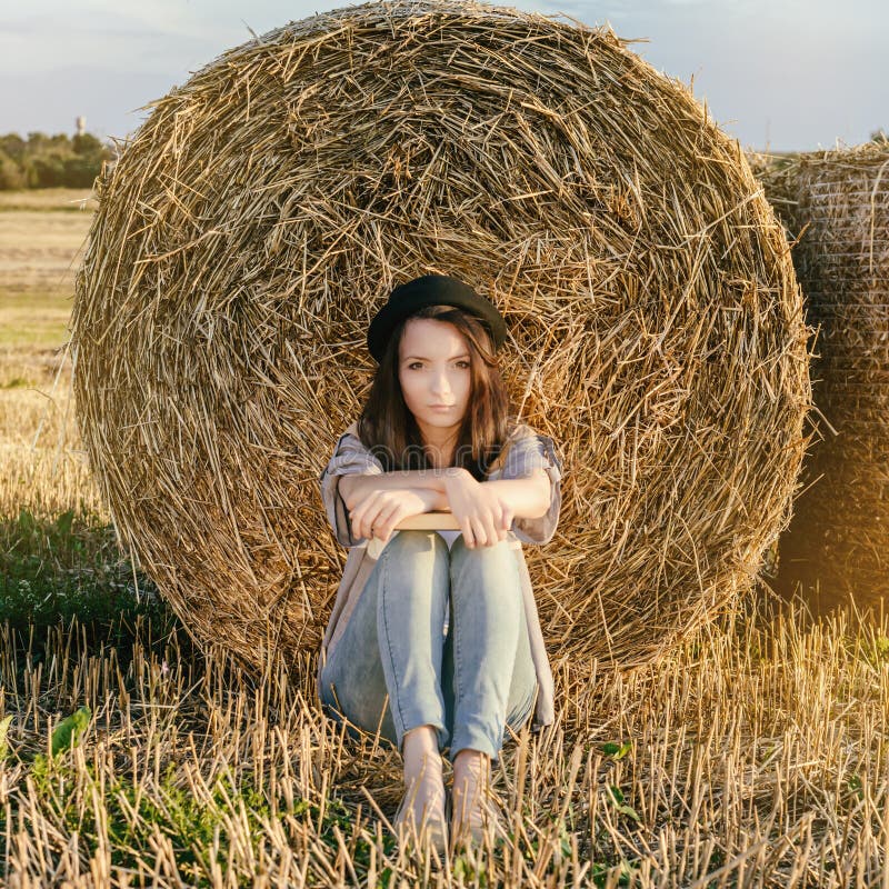 Beautiful Girl Hipster Against Hay Bale in Fall Stock Image - Image of ...