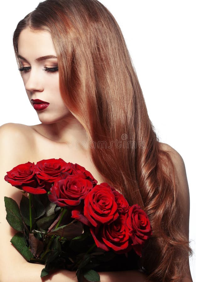 Beautiful Female Holding Red Roses Bouquet, Valentines Day. Stock Image ...