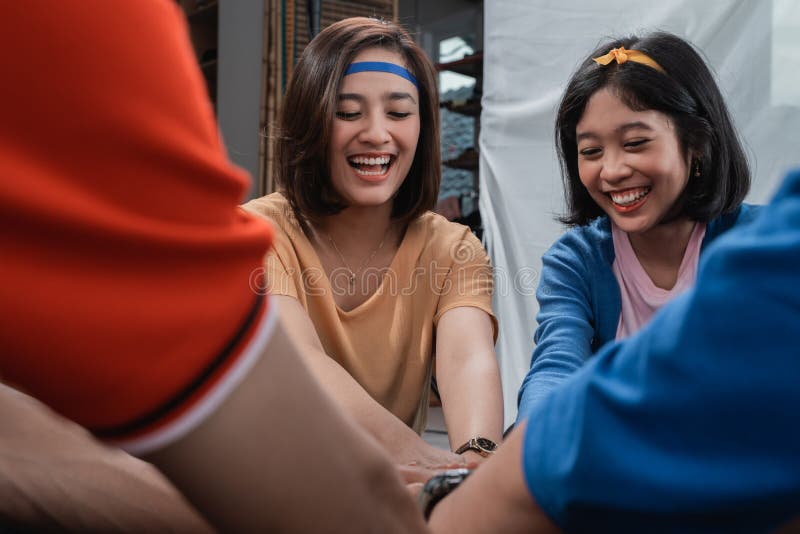 Beautiful Girl Holding Hand Stack Together. Stock Photo - Image of ...