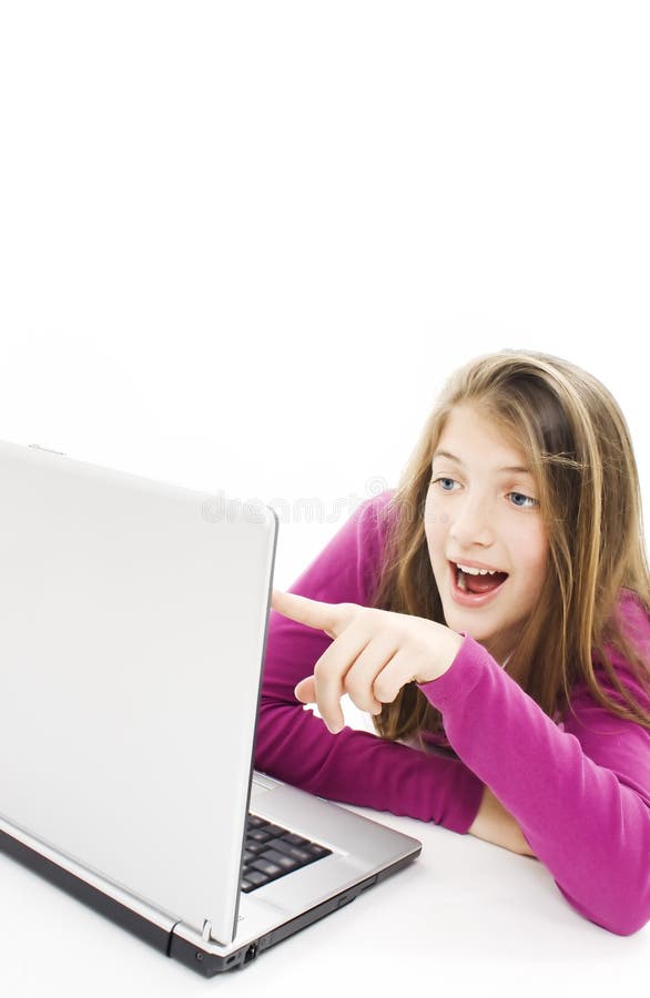 Girl with computer stock image. Image of lying, isolated - 8121217