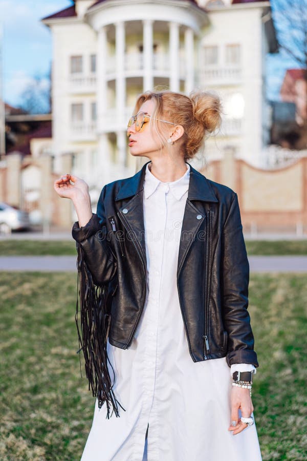 Beautiful Girl in a Leather Jacket Stock Image - Image of green, nature ...