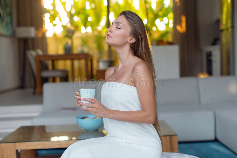 Beautiful Girl in the Morning with a Cup of Tea after Spa Stock Photo ...