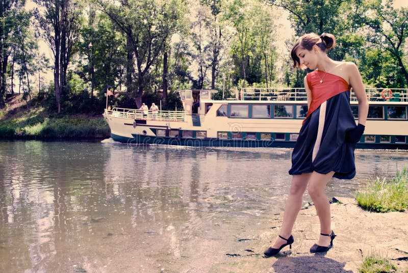 Young Woman with an Old Camera Near the River Stock Photo - Image of ...