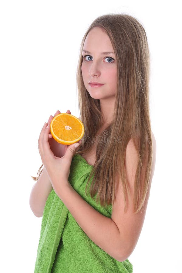 Beautiful girl with orange stock image. Image of bright - 16789945