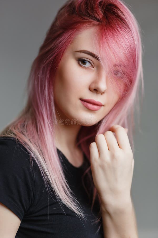 Beautiful Girl with Pink Hair Stock Image - Image of hand, model: 91930129
