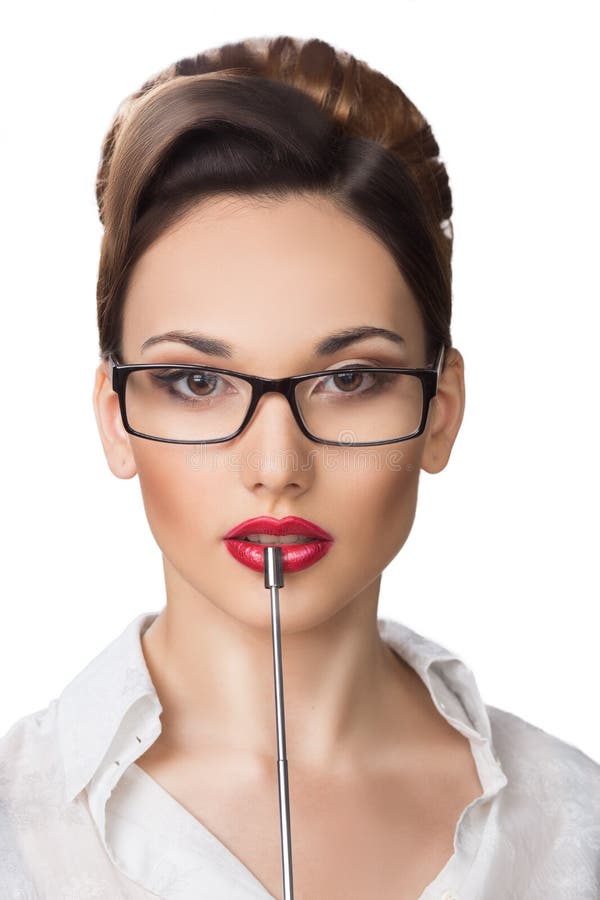 Beautiful Girl with a Pointer in Points Stock Photo - Image of lips ...