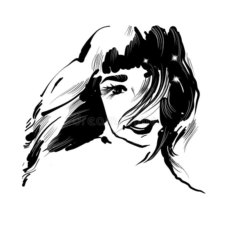 Beautiful Smiling Girl Portrait Bob Hairstyle Vector Black And White